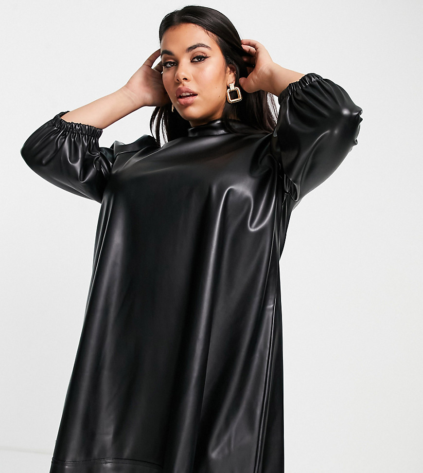 Asos Design Curve Leather Look Pu Mini Swing Dress Black Fashion Gone