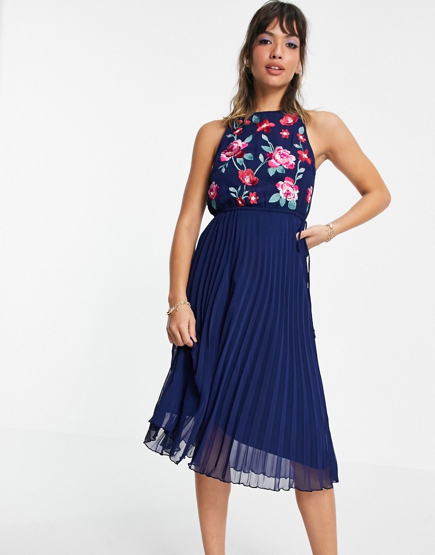 Asos Design Pleated Midi Dress With Embroidery In Navy Fashion Gone Rogue