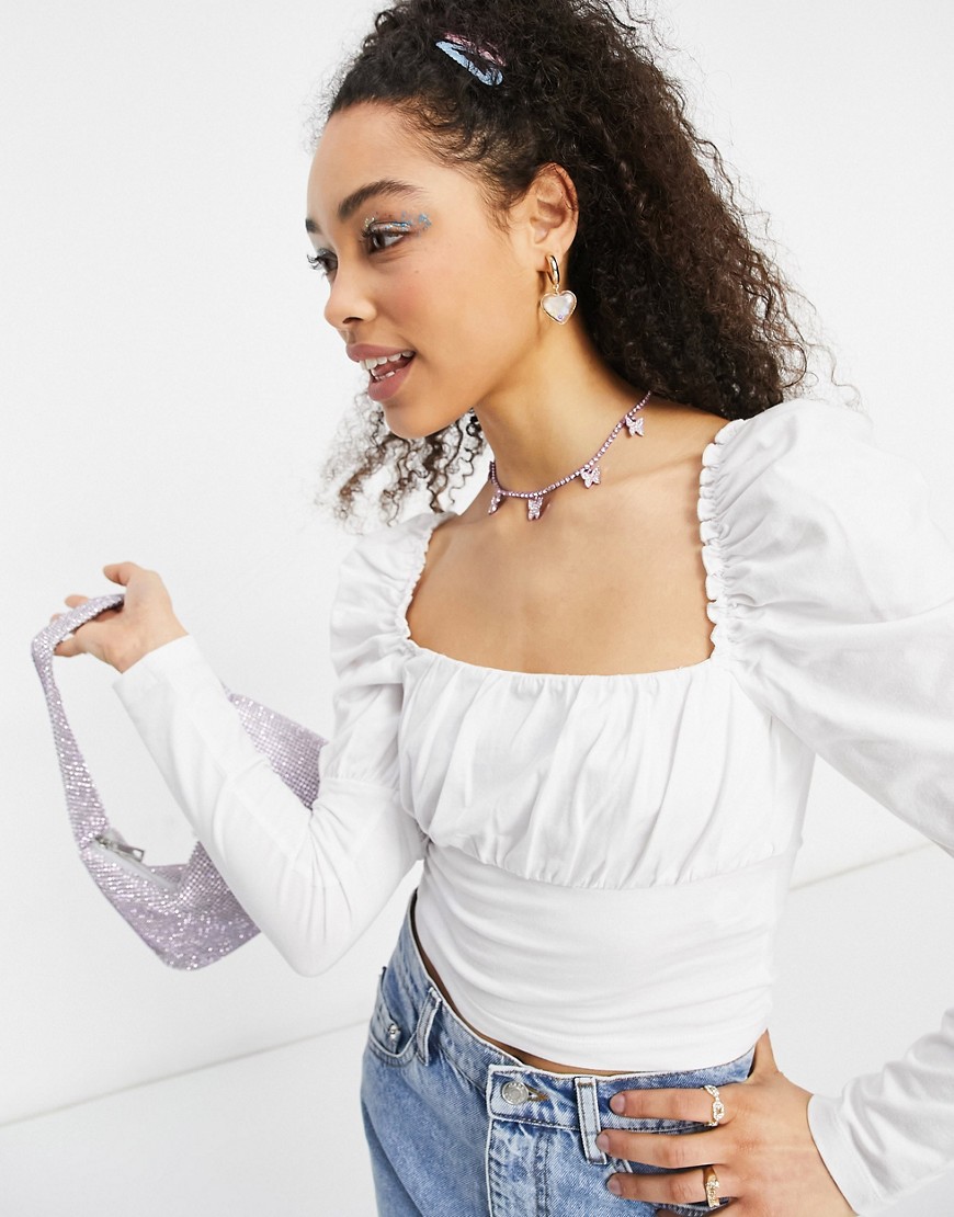 Asos Design Square Neck Ruched Bust Long Sleeve Top In White Fashion