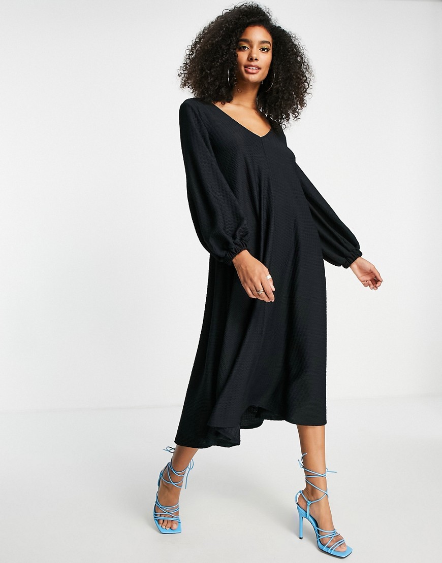 Asos Design Textured Smock Midi Dress With V Neck In Black Fashion