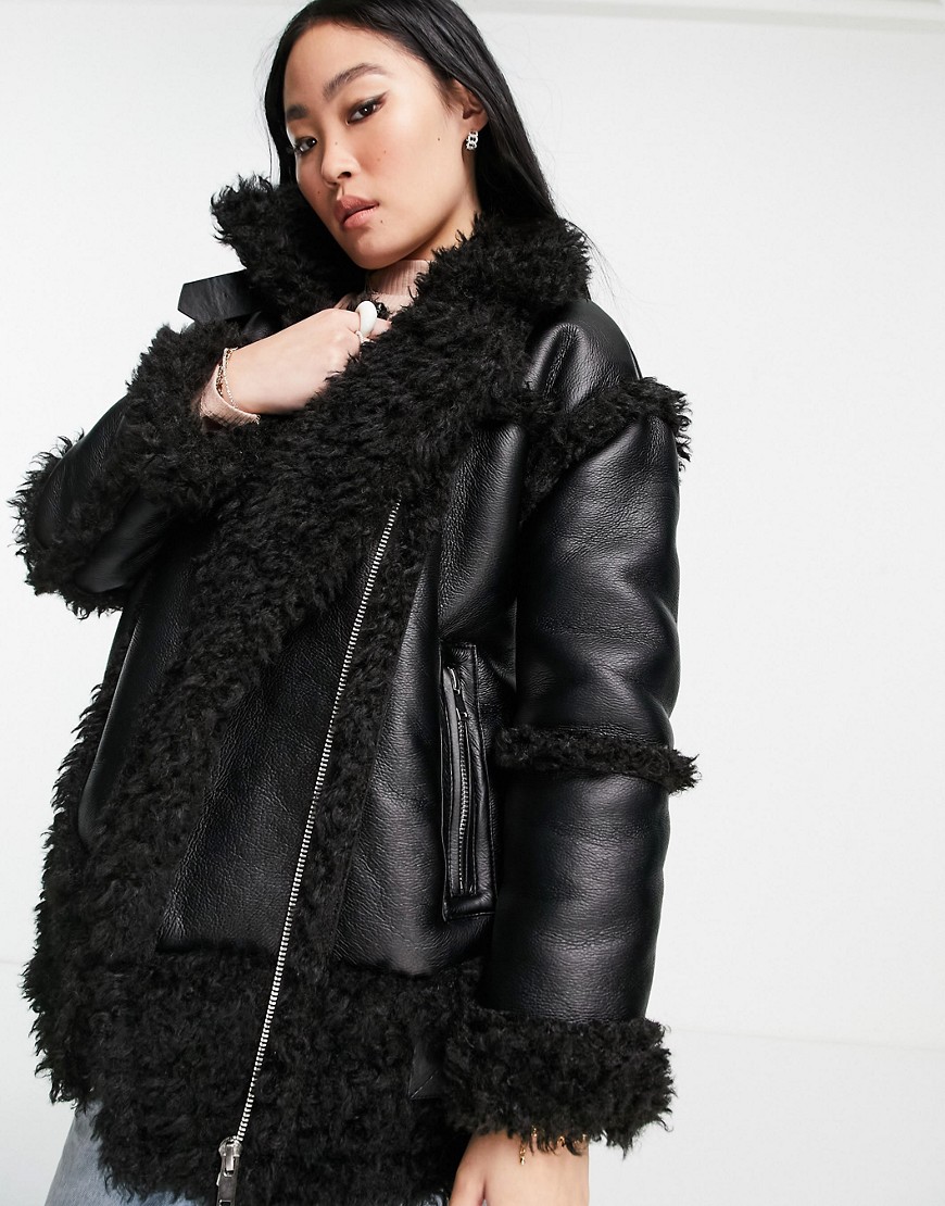 Topshop Faux Leather Oversized Biker Jacket With Faux Fur Details In